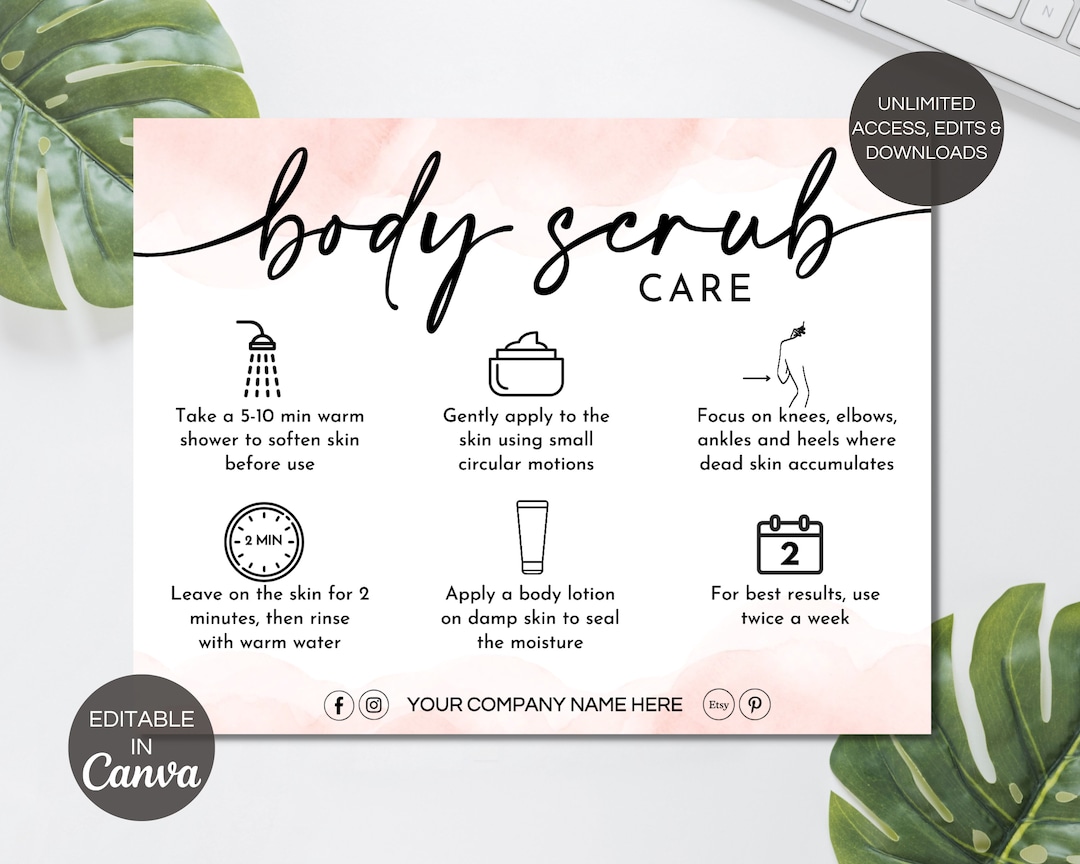 Body Scrub Care Card Template, Editable Body Scrub Care Instructions ...
