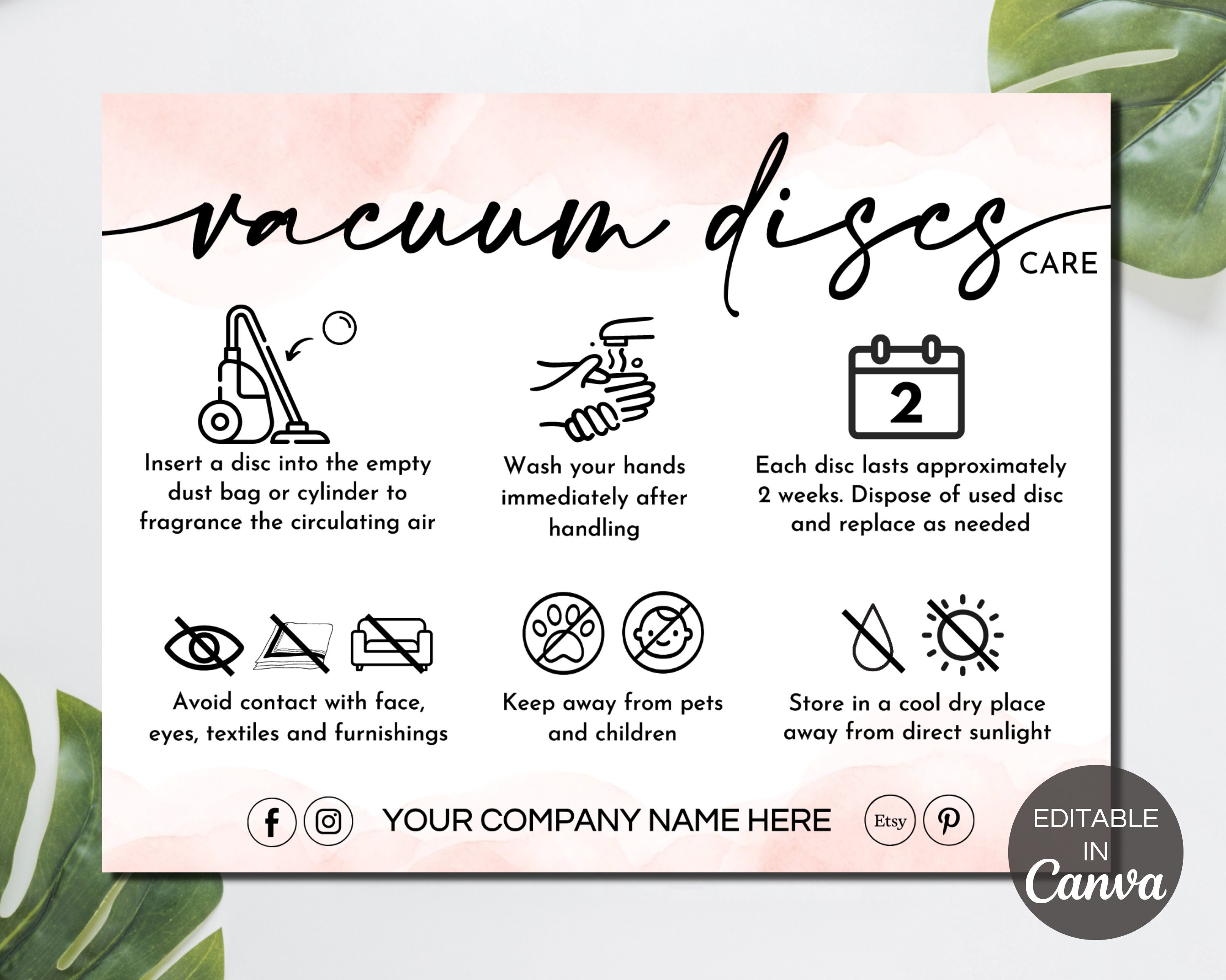 Vacuum Discs Care Card, Printable Scented Disc Instructions Cards ...