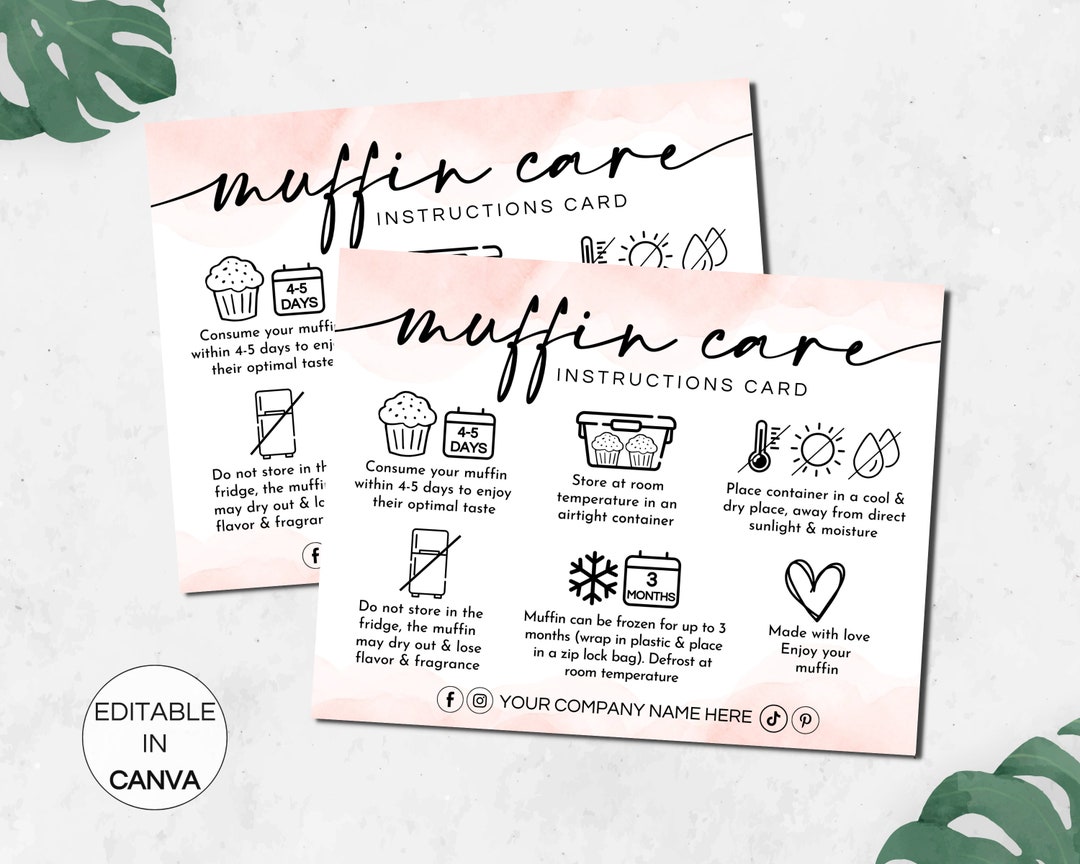 Muffins Care Card, Editable Muffin Instructions Cards, Bakery Business ...