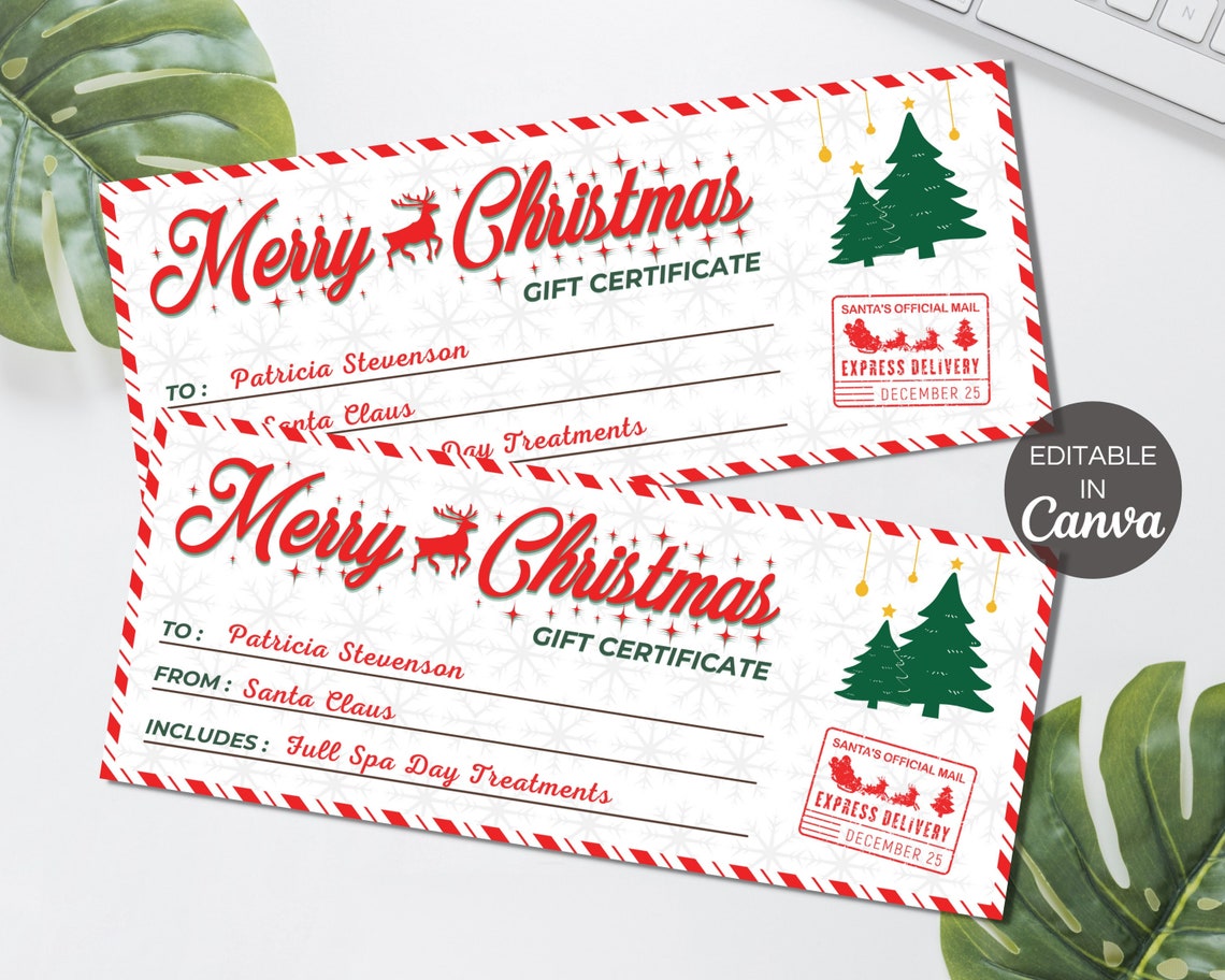 Merry Christmas Gift Certificate Printable Editable Xmas Gift - Etsy