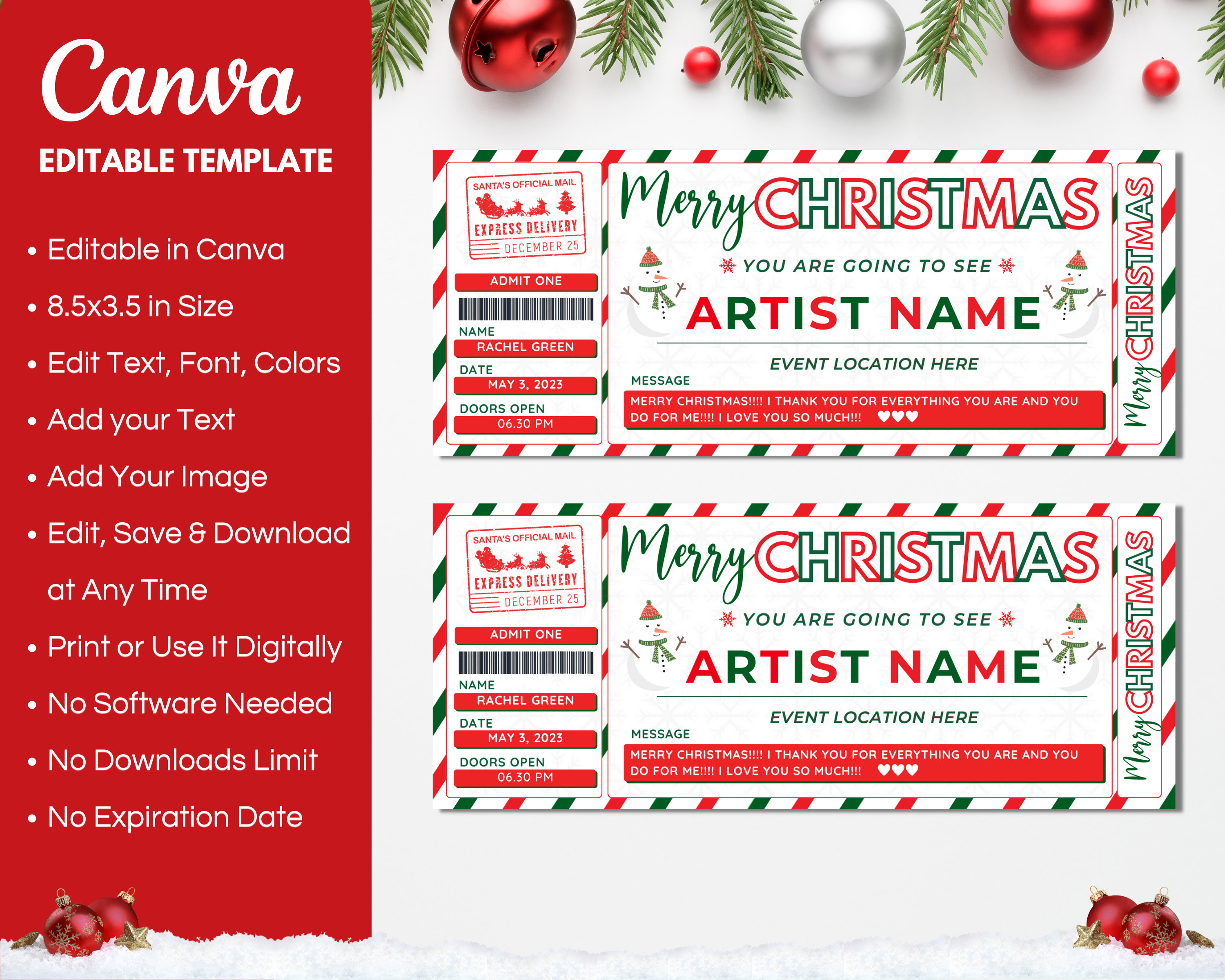 Christmas Concert Ticket Template Editable Event Ticket Canva - Etsy
