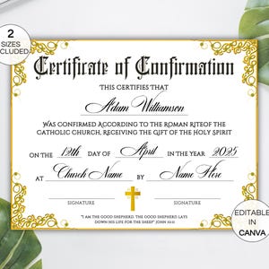 Editable Certificate of Confirmation, Religious Catholic Confirmation ...