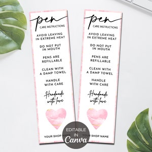 Editable Pen Care Card Canva Template, Epoxy Pen Care Cards, Gel Pen ...