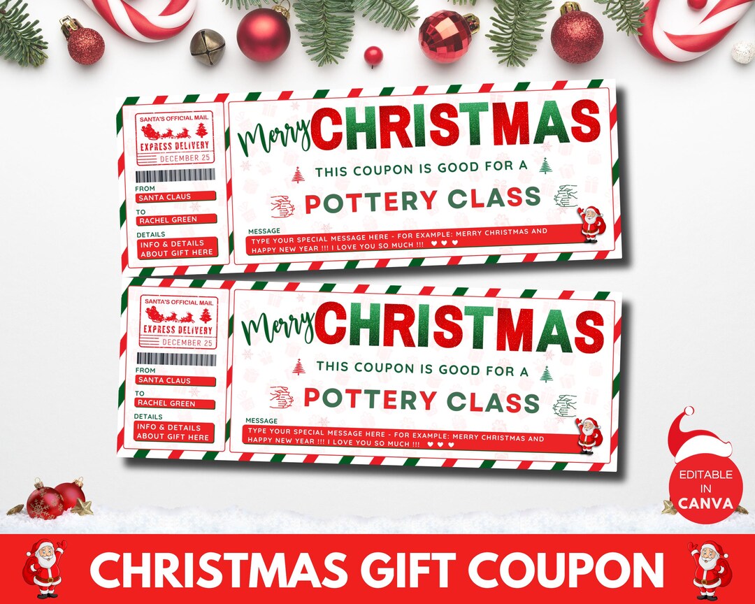 Editable Christmas Pottery Class Gift Coupon Template, Printable Xmas ...