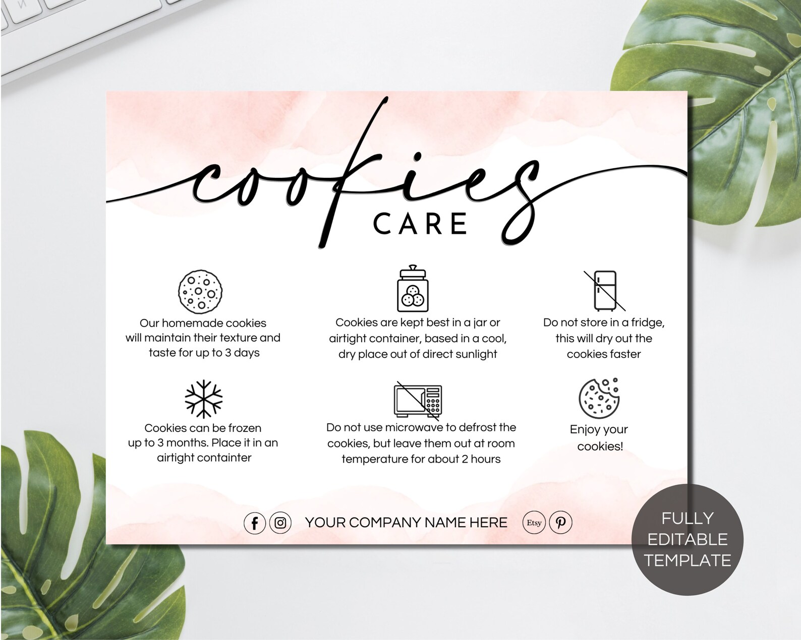 Editable Cookie Care Card Printable Cookies Care | Etsy