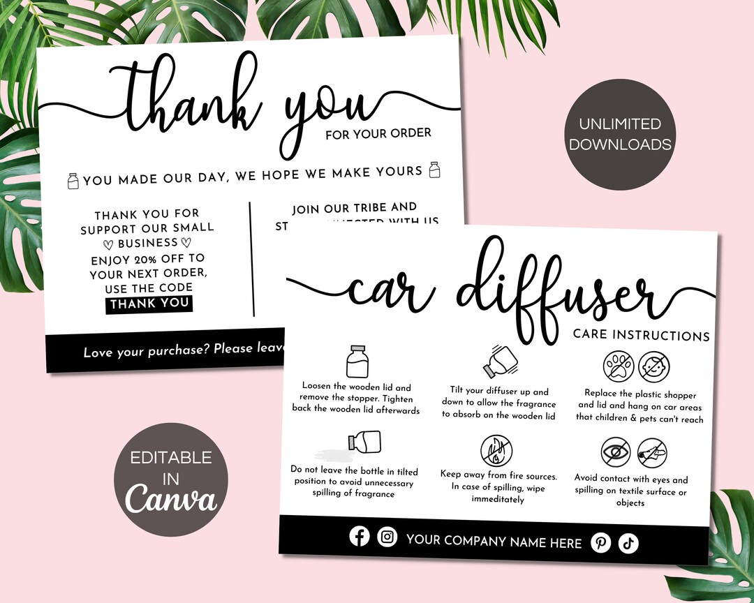 Editable Car Diffuser Care Card Template, Printable Car Diffuser Care ...