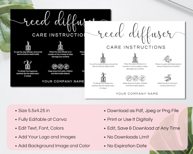 Reed Diffuser Care Card, Printable Room Diffuser Instructions Cards ...