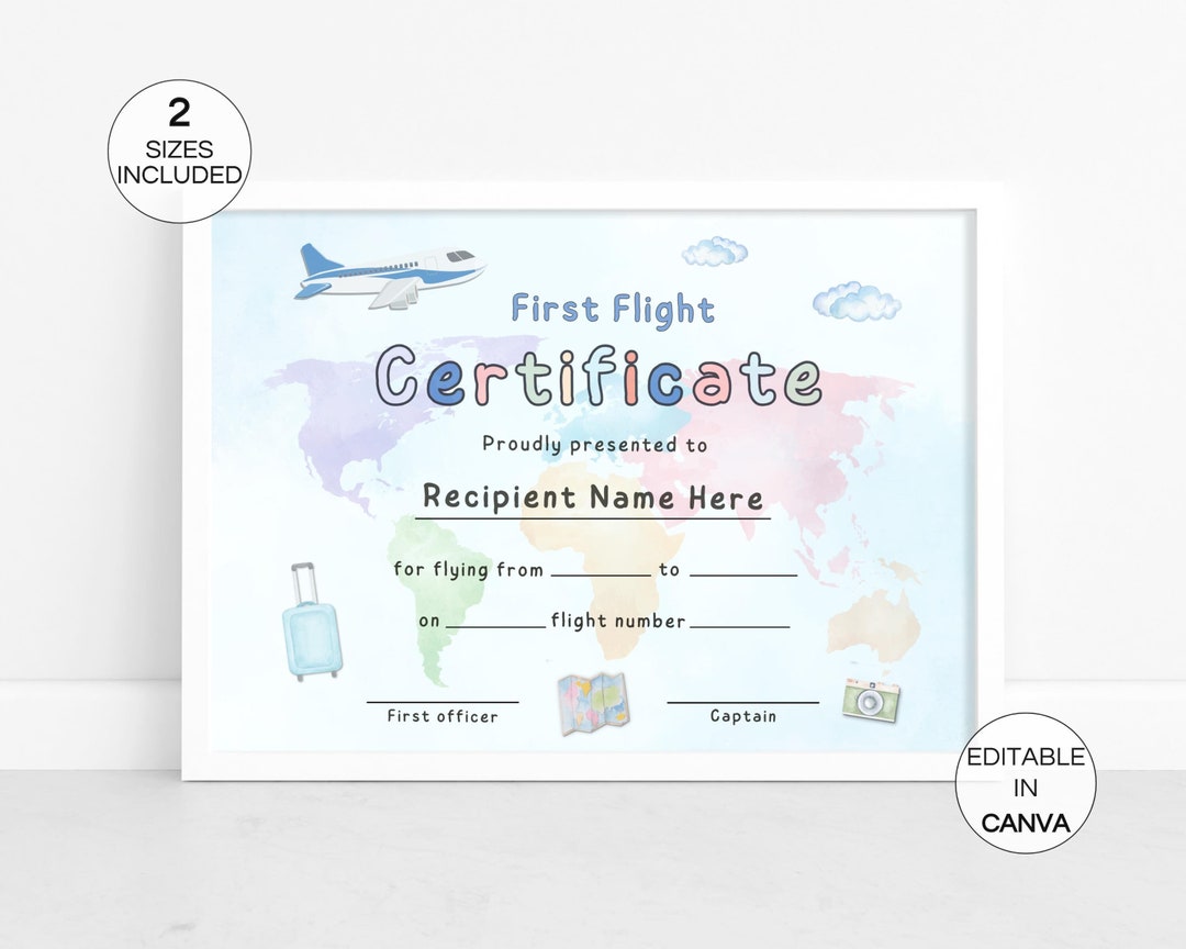 First Flight Certificate for Kids, Editable Toddler's First Flight ...