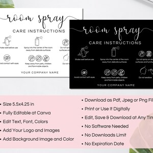 Room Spray Care Card Template, Editable Room Spray Care Instructions ...