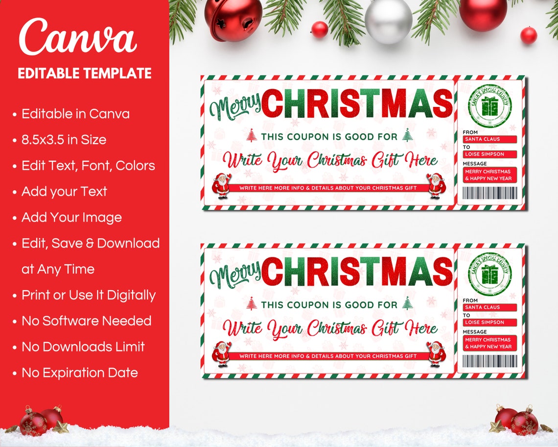 Christmas Gift Coupon Template, Editable Christmas Gift Certificate ...