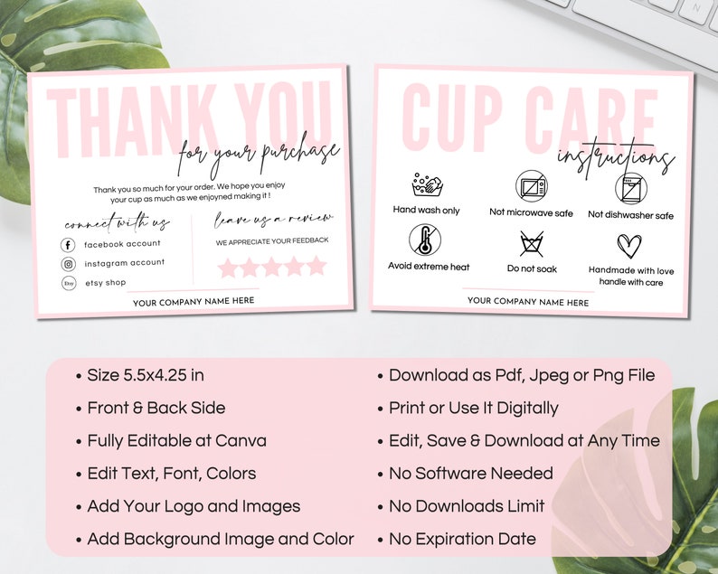 Cup Care Card, Printable Tumbler Care Instructions, Editable Canva ...