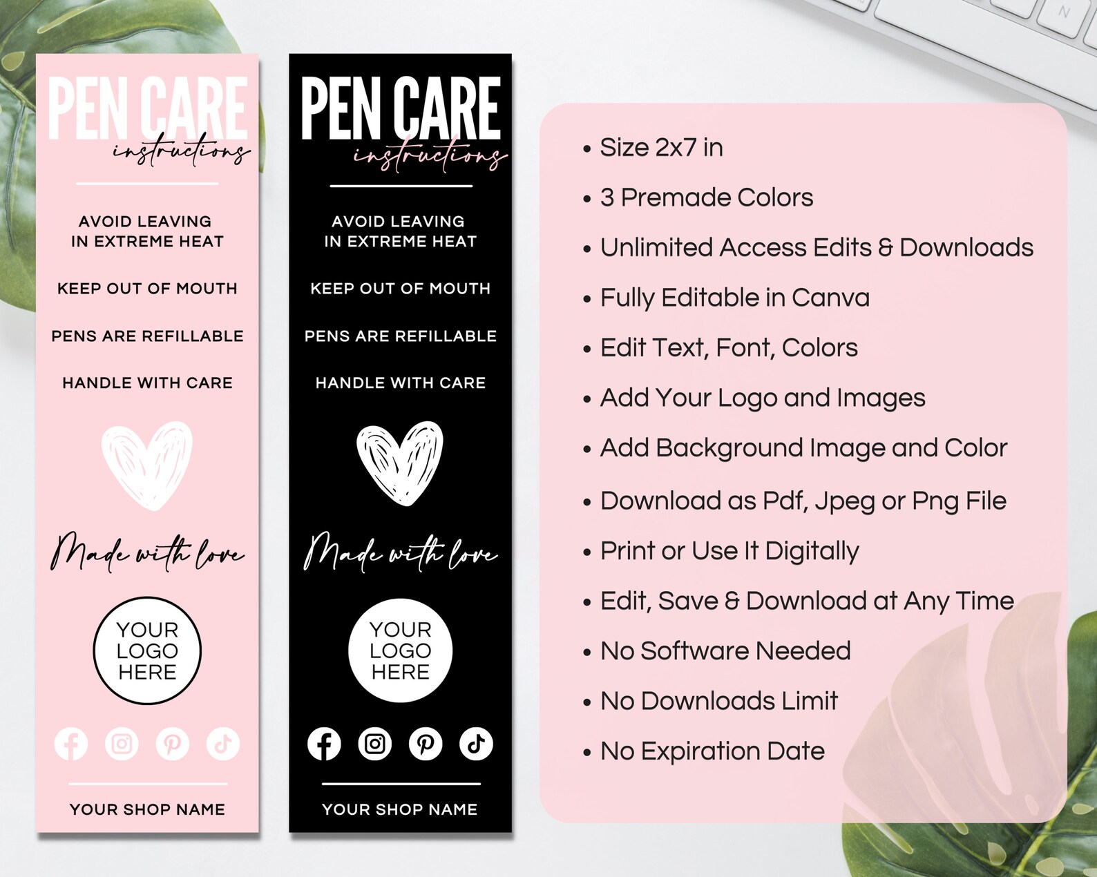 Pen Care Card, Printable Epoxy Pens Instructions Cards, Editable Gel ...
