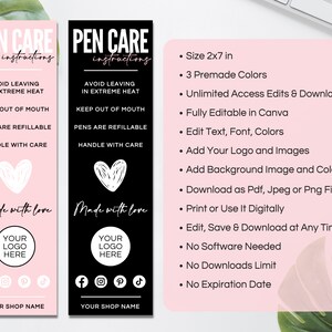 Pen Care Card, Printable Epoxy Pens Instructions Cards, Editable Gel ...