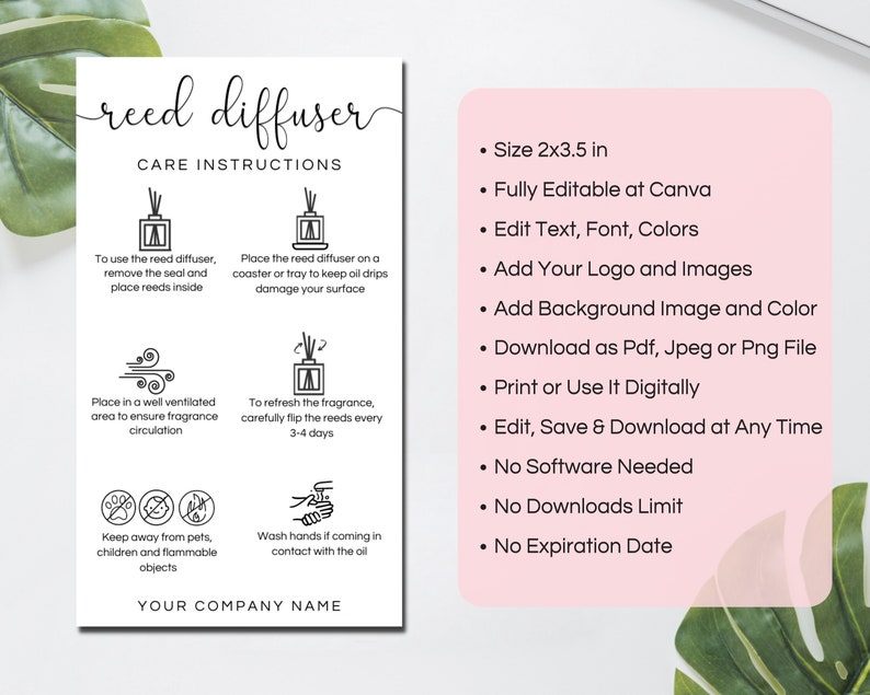 Reed Diffuser Care Card Template Editable Reed Diffuser Care - Etsy