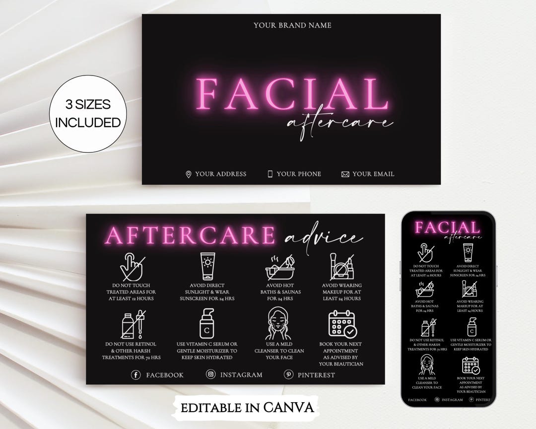 Facial Aftercare Card, Facial Care Cards, Printable Esthetician Care ...