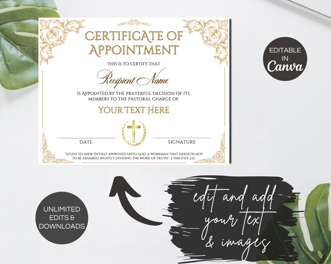 Editable Appointment Certificate, Printable Bishop Pastor Appointed ...