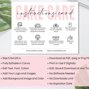 Cake Care Card Template, Printable Cake Care Guide, Editable Cake ...