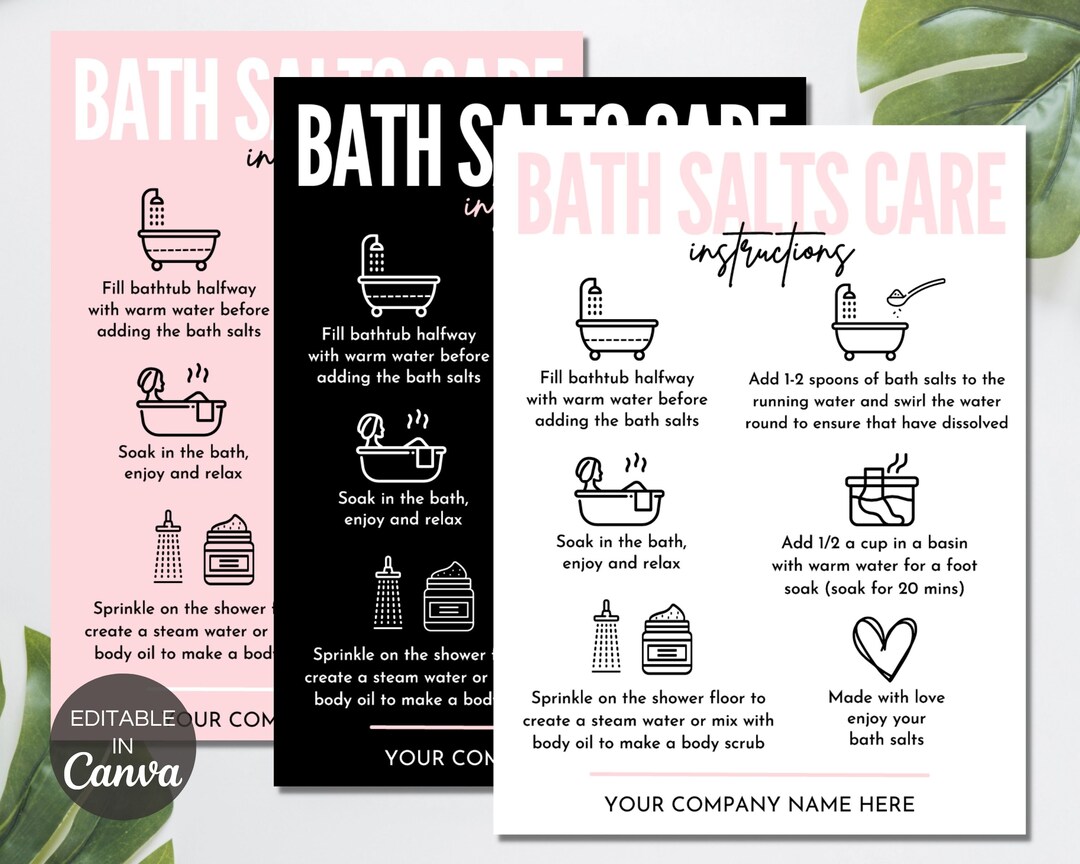 Editable Bath Salts Care Card, Printable Bath Soak Care Guide Template, Epsom Salts Care ...
