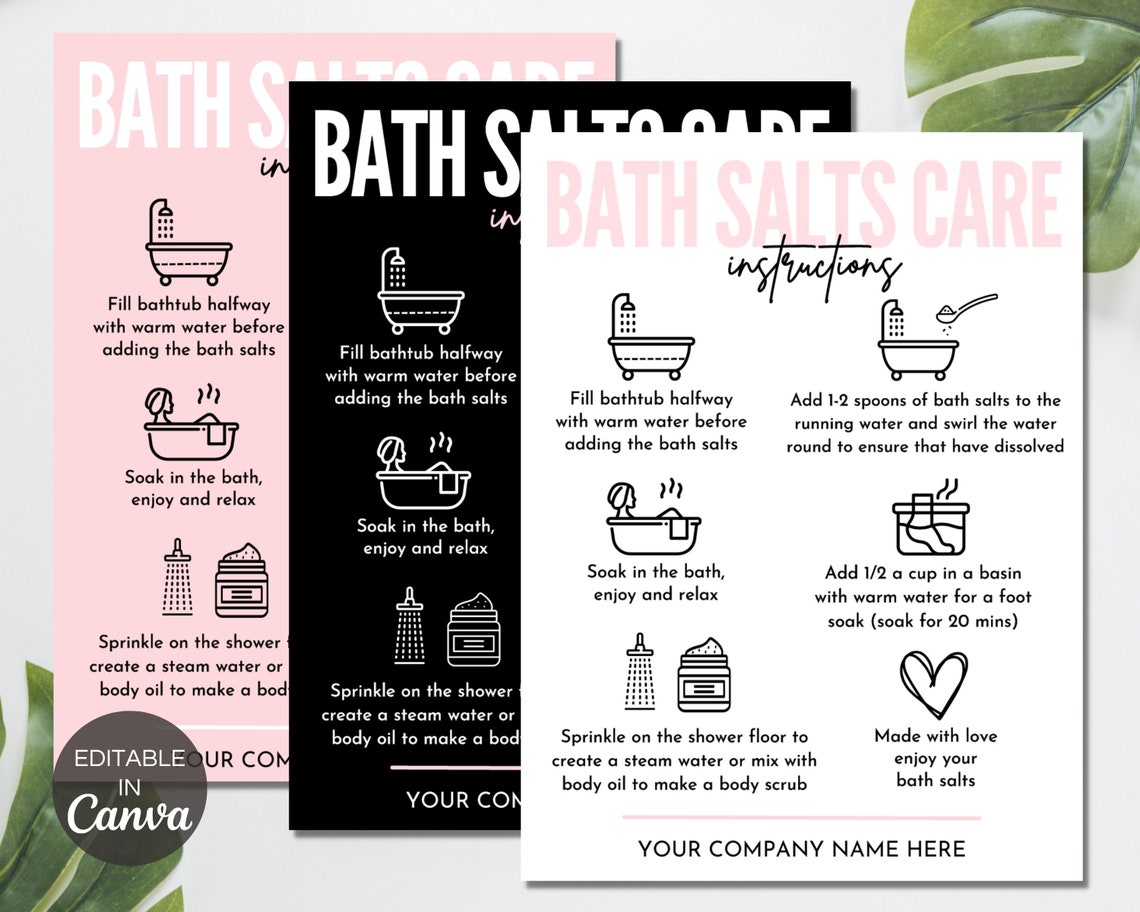 Bath Salts Care Card, Printable Bath Soak Instructions Guide Template ...