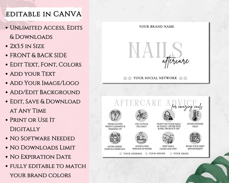 Nails Aftercare Card, Printable Nail Care Instructions, Manicure Client ...