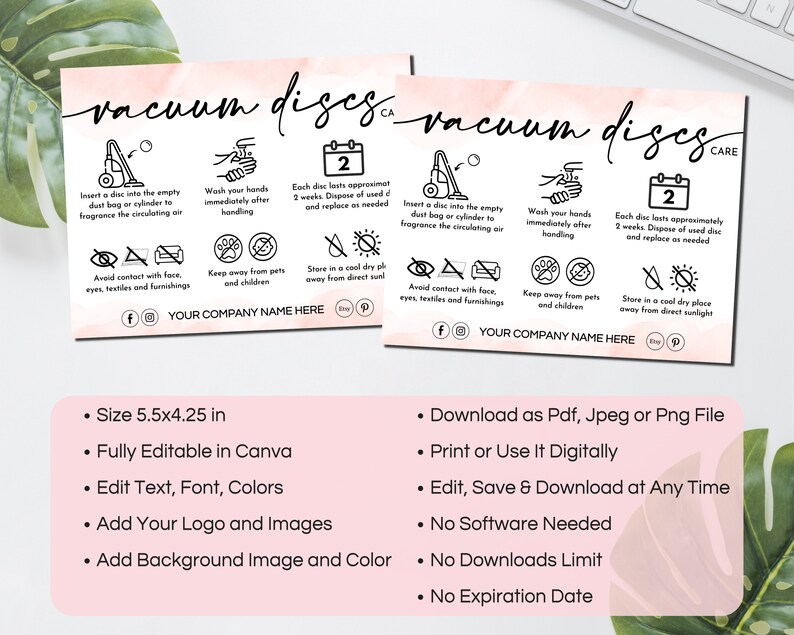 Vacuum Discs Care Card, Printable Scented Disc Instructions Cards ...
