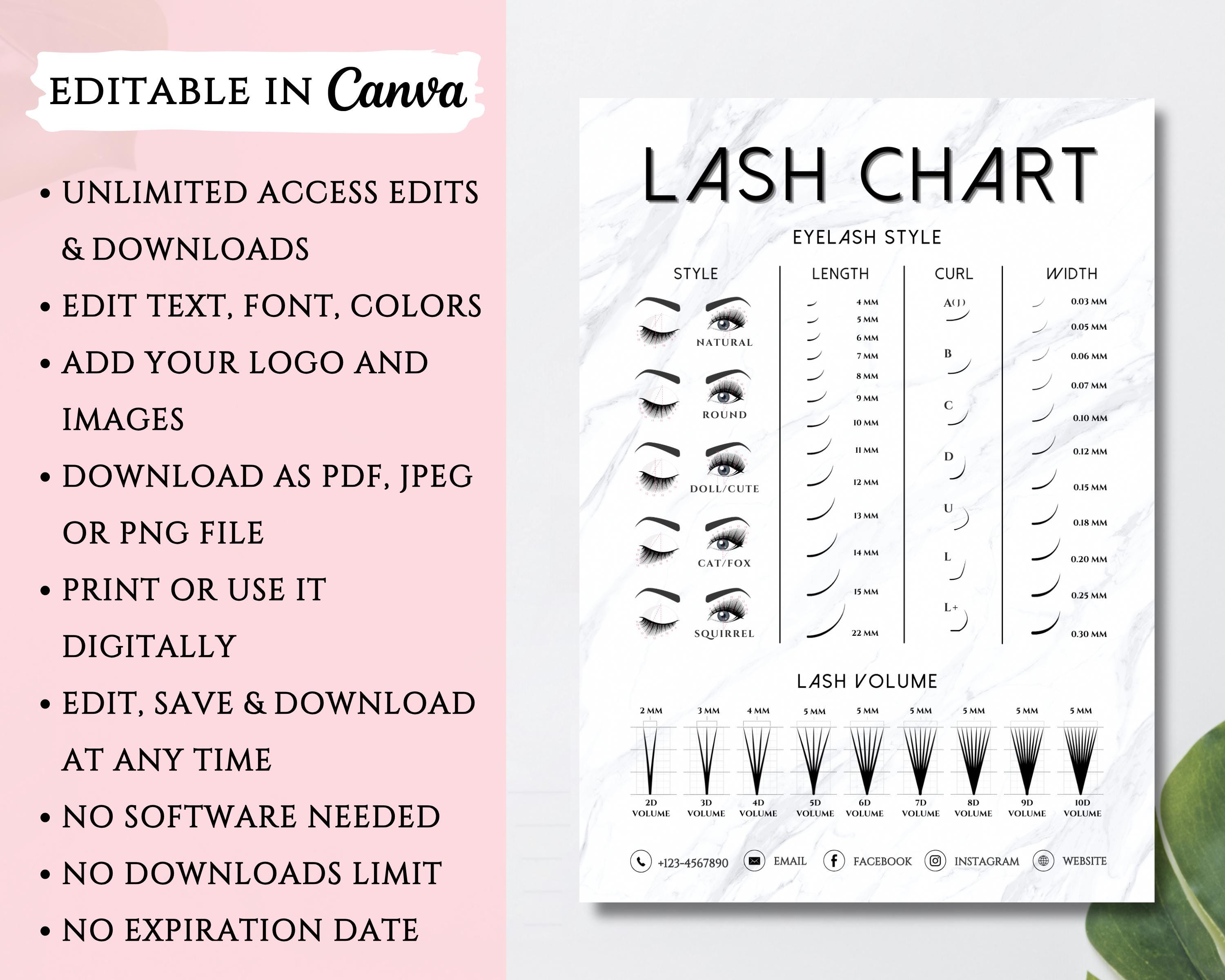 Lash Chart Guide Poster, Editable Esthetician Beauty Salon Eyelash ...