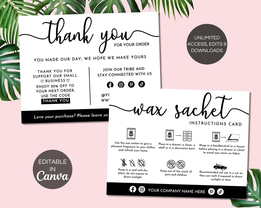 Wax Sachet Care Card, Printable Wax Air Freshener Instructions Cards ...