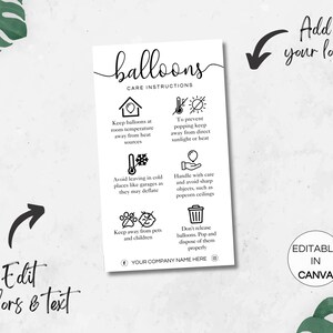 Balloon Care Card, Editable Balloons Instructions Cards, Air Helium ...