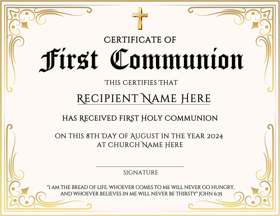 First Communion Certificate Template Editable First Holy - Etsy