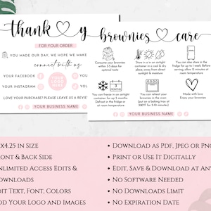 Brownies Care Card Template, Editable Brownie Care Instructions, Brownies Order Insert ...