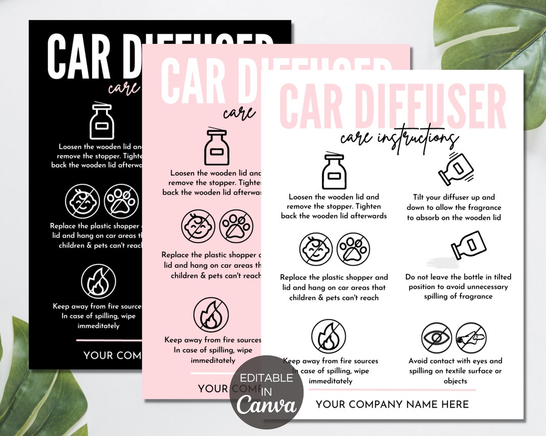 Car Diffuser Care Card, Printable Car Diffuser Care Guide, Editable Car ...