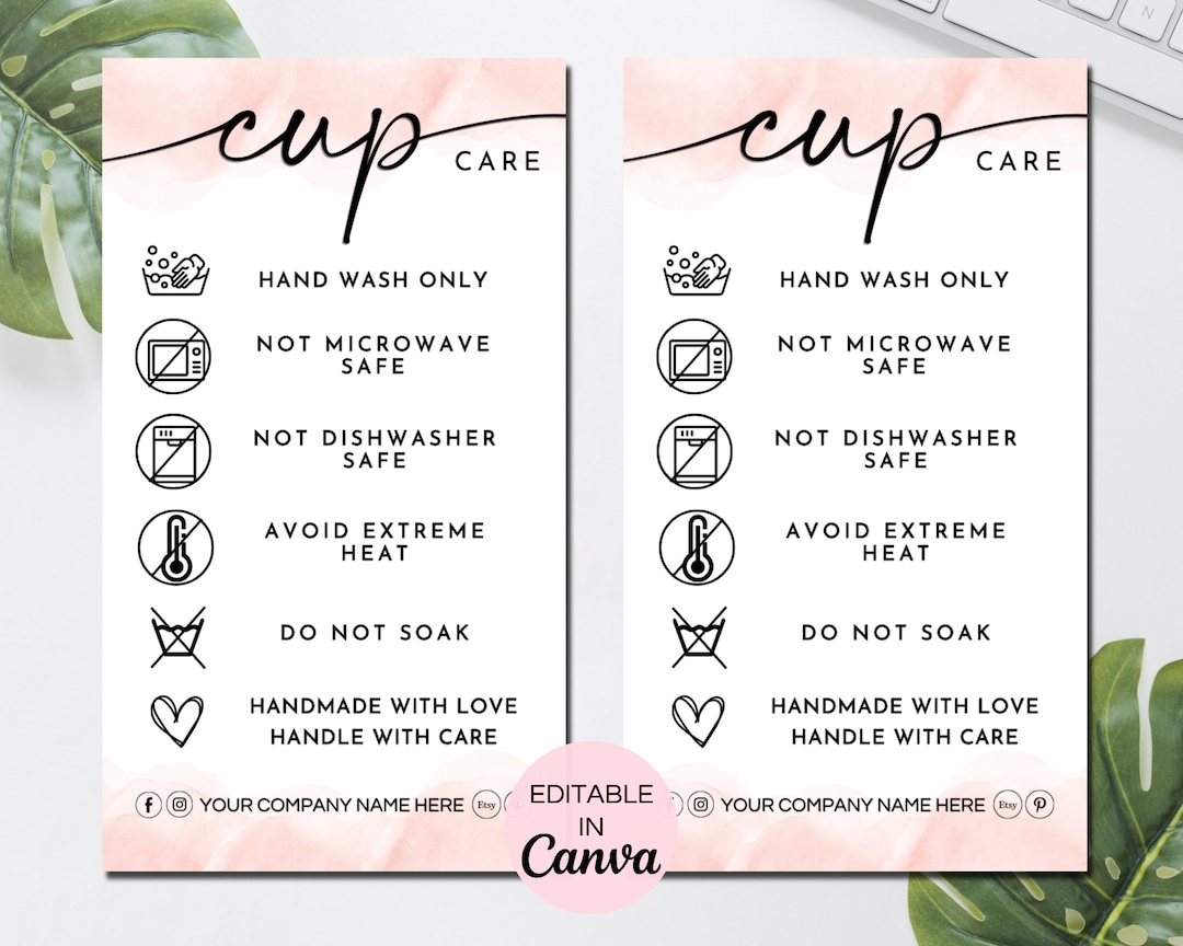 Cup Care Card Template, Editable Cup Care Cards, Printable Tumbler Care ...