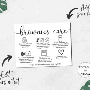 Editable Brownies Care Card Template, Printable Brownie Care Instructions, Brownies Order Insert ...