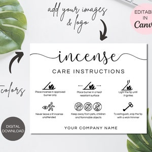 Incense Care Card, Printable Incense Instructions Cards, Editable Canva ...