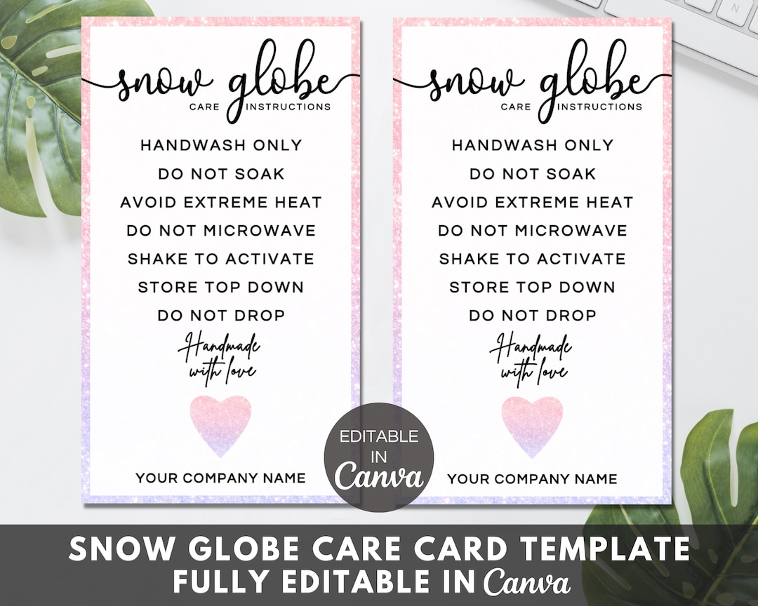 Snow Globe Care Card, Printable Snowglobe Tumbler Care Cards, Editable ...