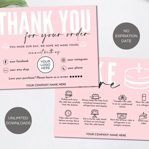 Cake Care Card Template, Cake Business Thank You Cards, Cake Business ...