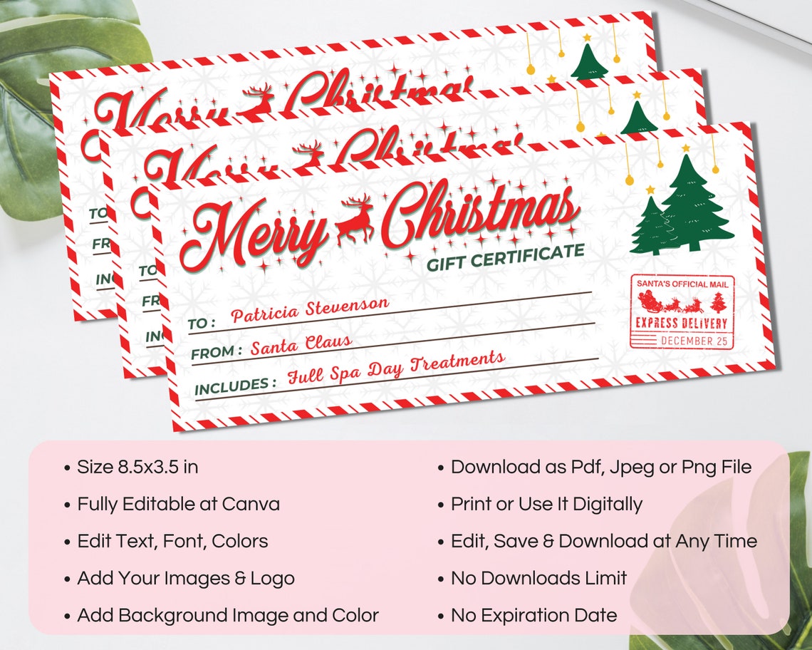 Merry Christmas Gift Certificate Printable Editable Xmas Gift - Etsy