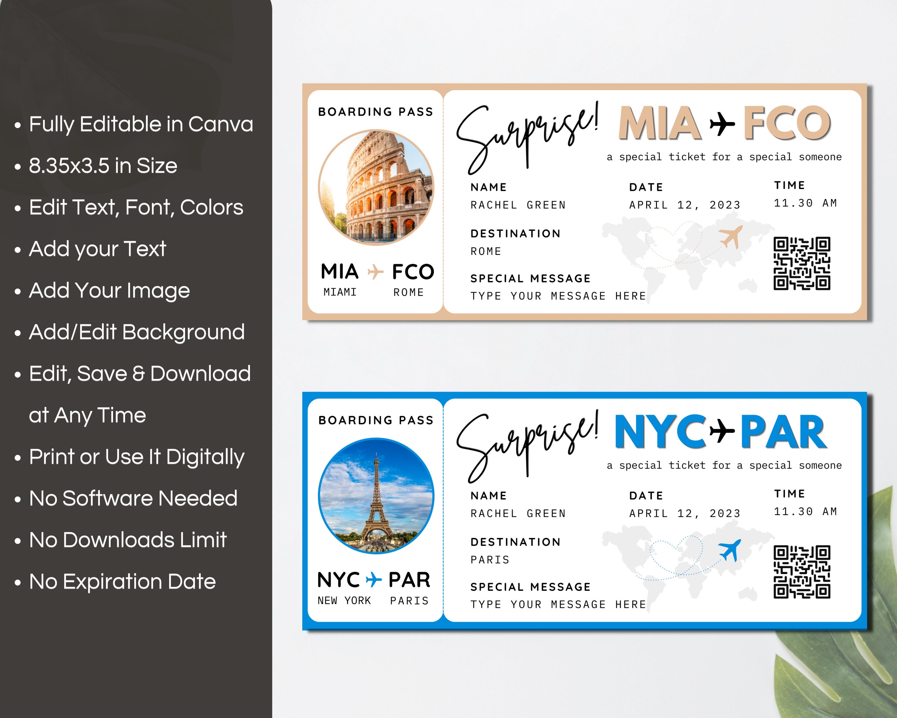 Editable Boarding Pass Template, Printable DIY Airline Tickets Surprise ...