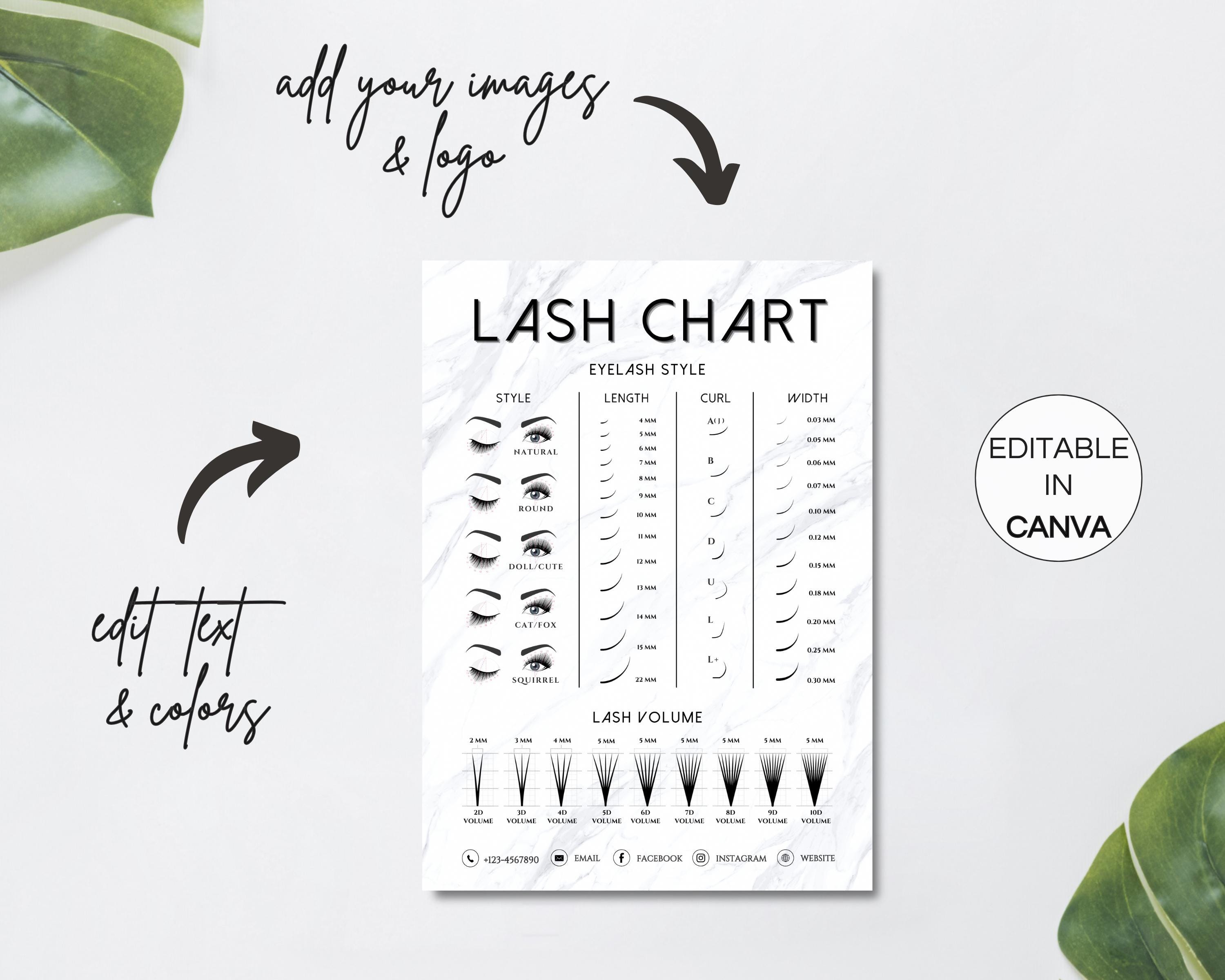 Lash Chart Guide Poster, Editable Esthetician Beauty Salon Eyelash ...