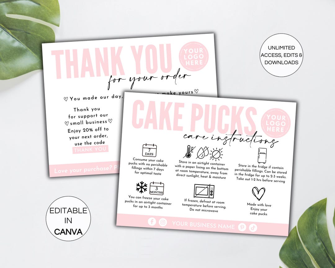 Editable Cake Pucks Care Card Template, Cake Treats Care Instructions ...