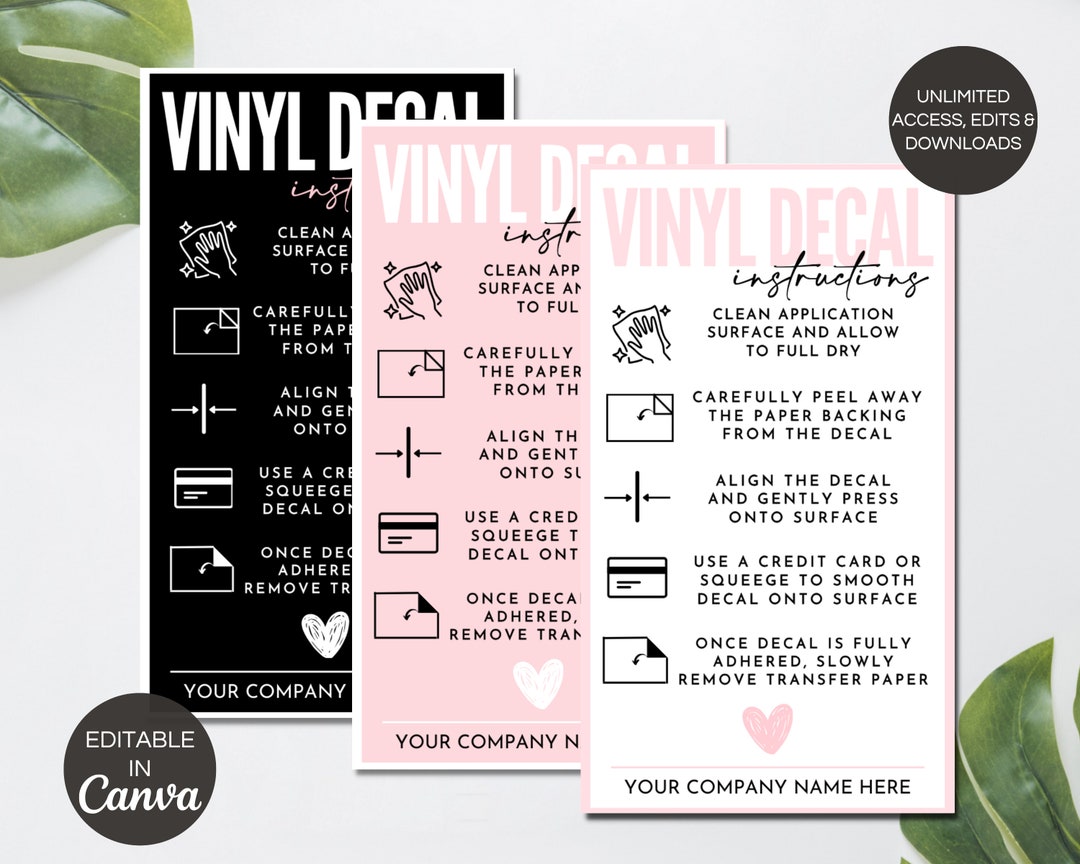 Vinyl Decal Application Card Template, Editable How to Apply Decal Care Card, Printable Decal ...