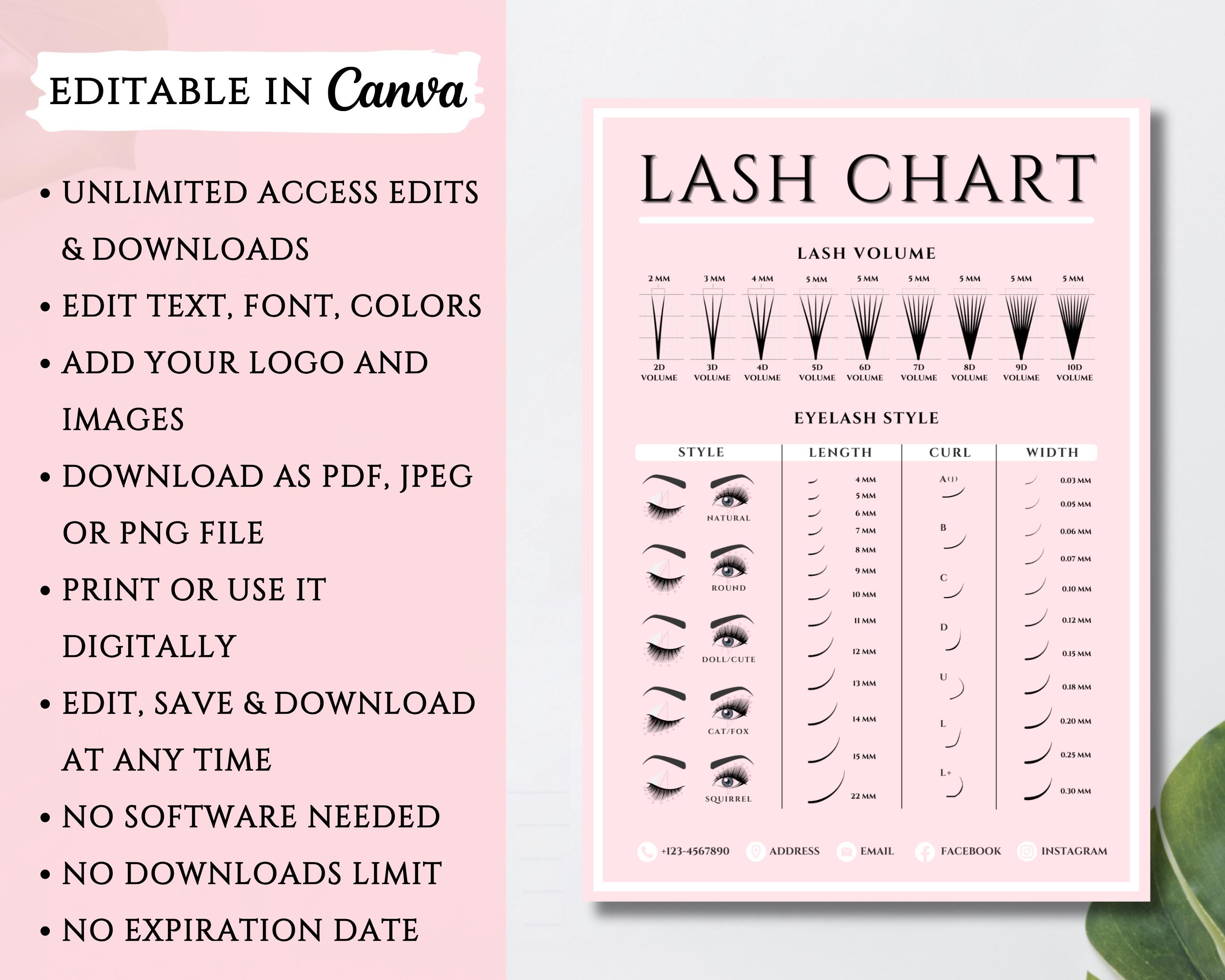 Lash Chart Guide Poster, Digital Eyelash Extension Decor, Editable ...