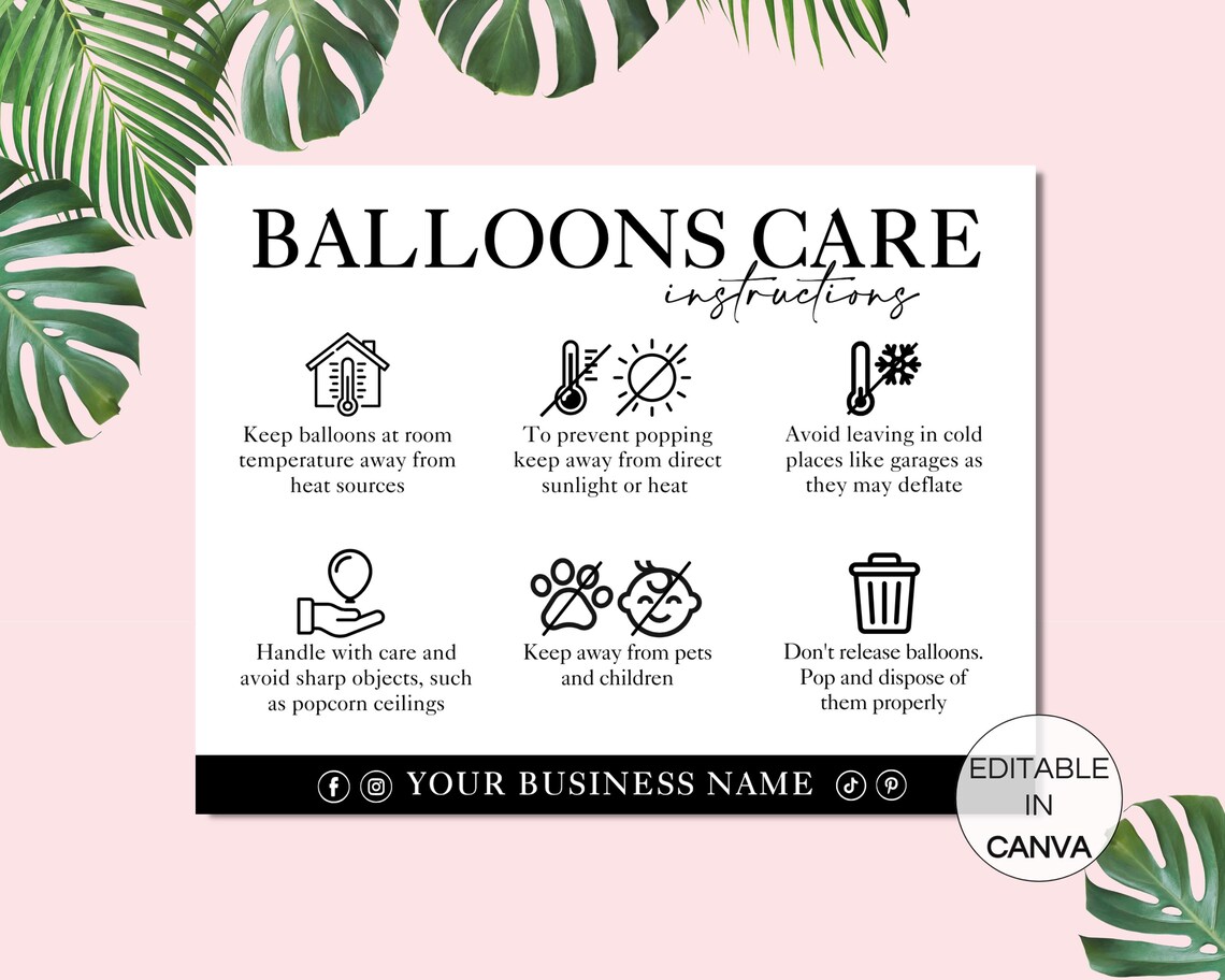 Balloon Care Card, Editable Balloons Care Instructions, Air Helium ...
