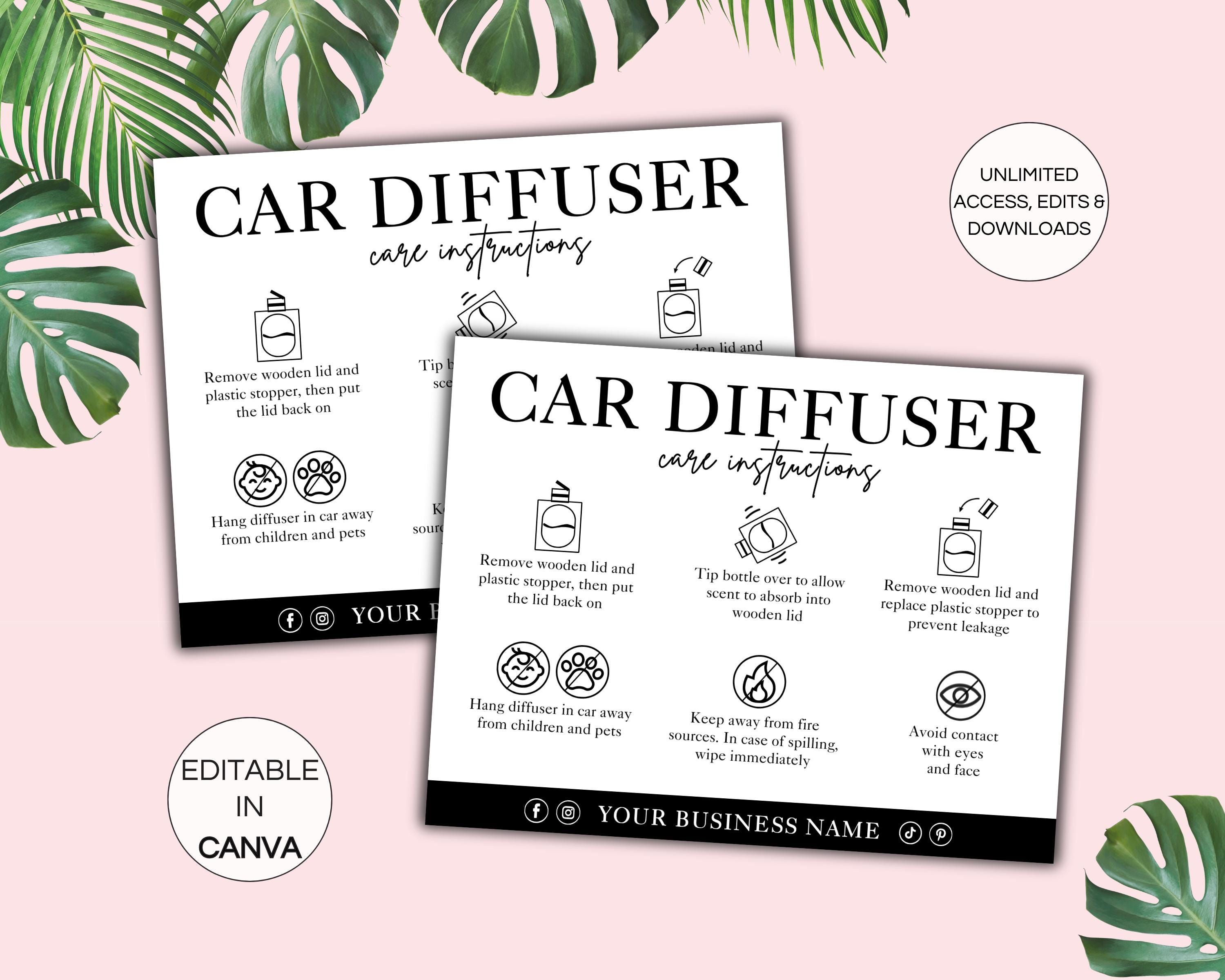 Car Diffuser Care Card, Printable Diffuser Instructions Cards, Editable ...