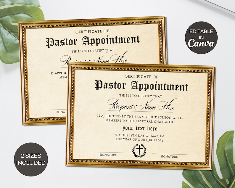Pastor Appointment Certificate Template, Editable Certificate of ...