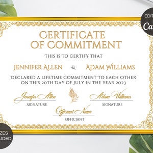 Commitment Certificate Template, Editable Certificate of Commitment, Printable Commitment ...