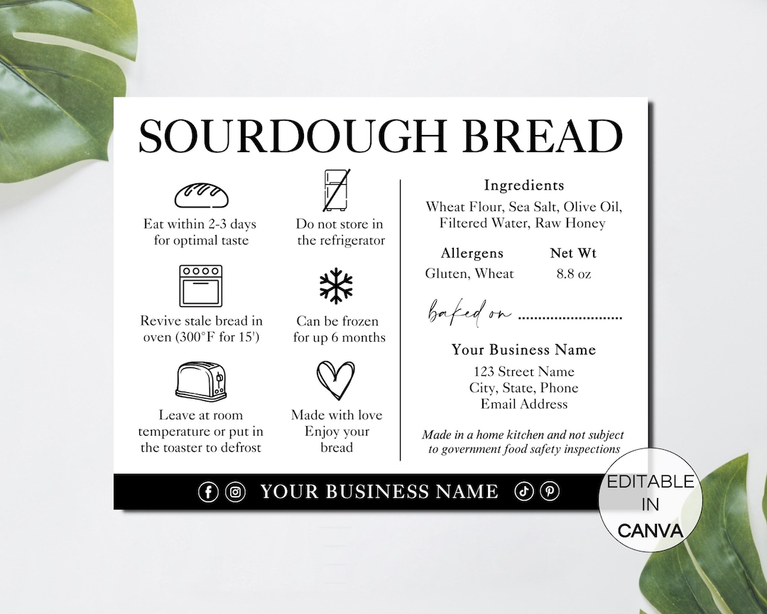 Sourdough Bread Care Card, Editable Sourdough Label Template, Printable ...