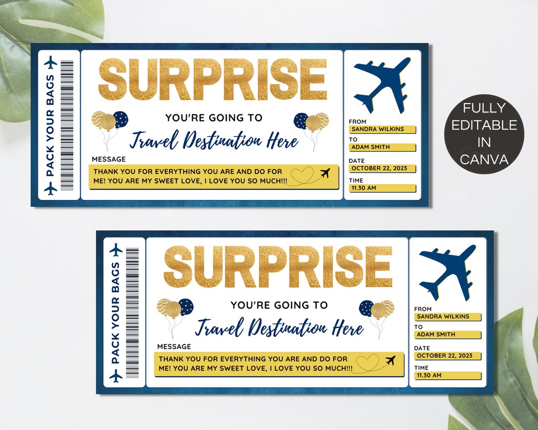 Surprise Boarding Pass Template, Editable Fake Plane Ticket, Vacation ...