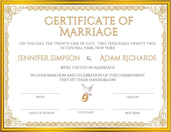 Certificate of Marriage Template Custom Marriage Certificate - Etsy UK