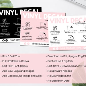 Vinyl Decal Application Instructions Card, Editable Vinyl Care Card, Printable Decal ...